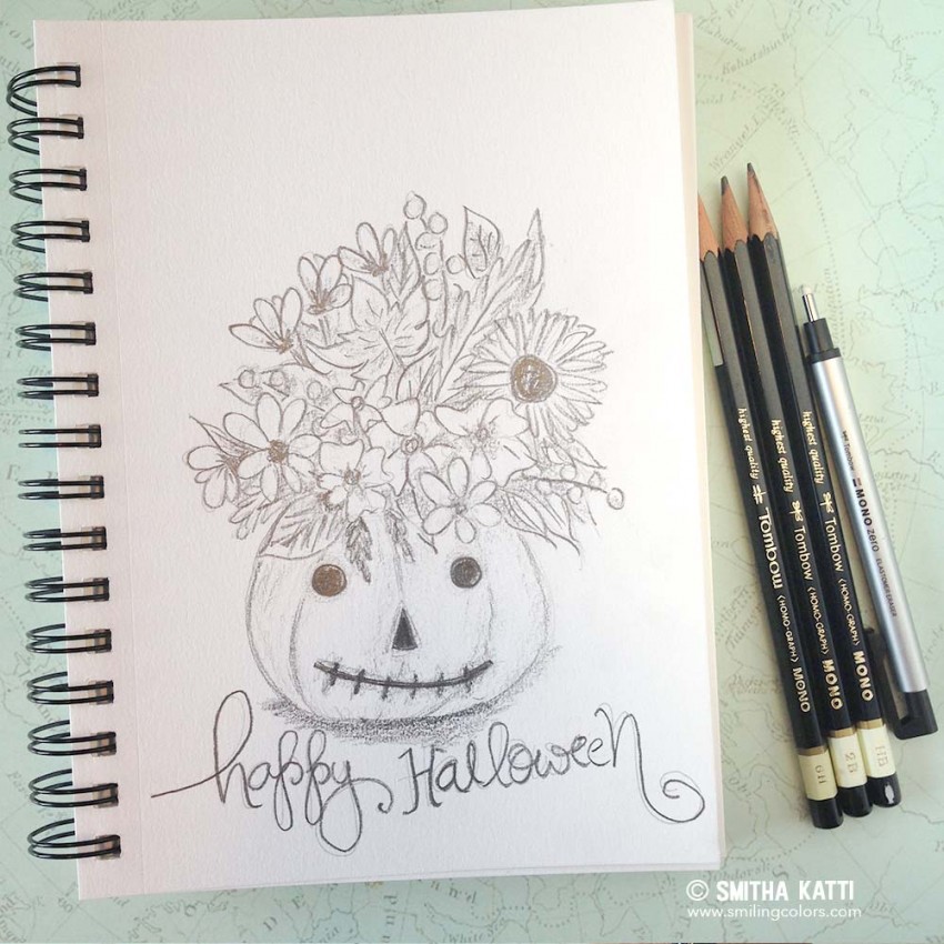 Halloween pencil sketch + Free Printable - Smiling Colors